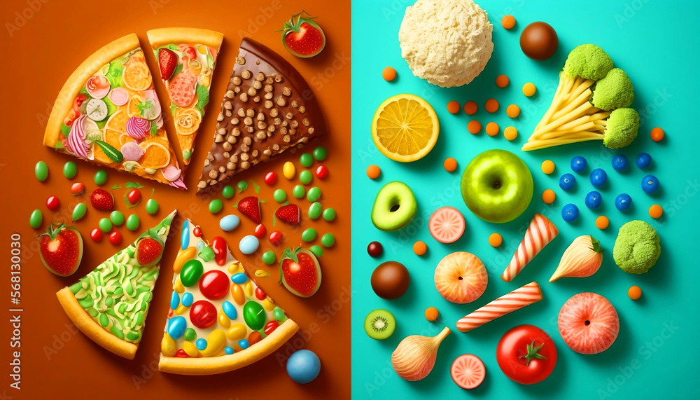 Healthy and unhealthy food background against calorie and overweight ...