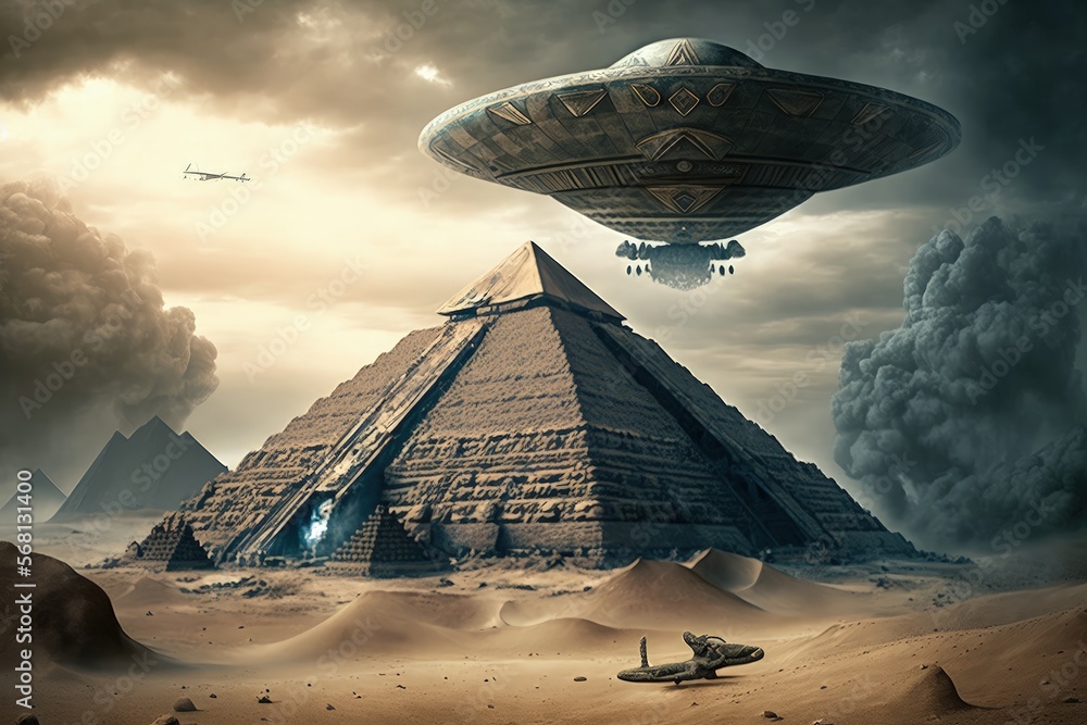 Flying saucer flying over pyramids of the, alien ship in the desert ...