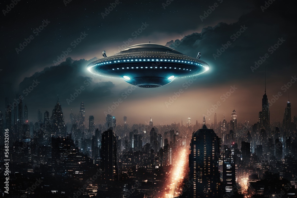 Flying saucer flying over night city, alien spaceship in night city ...