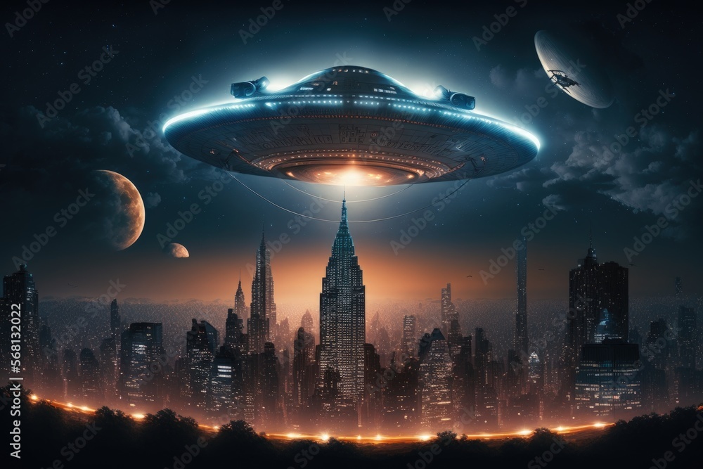 Flying saucer flying over night city, alien spaceship in night city ...
