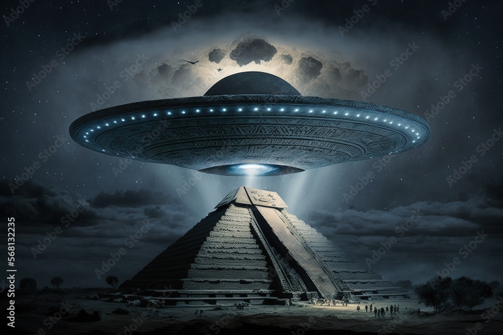 Flying saucer flying over pyramids of the, alien ship in the desert ...