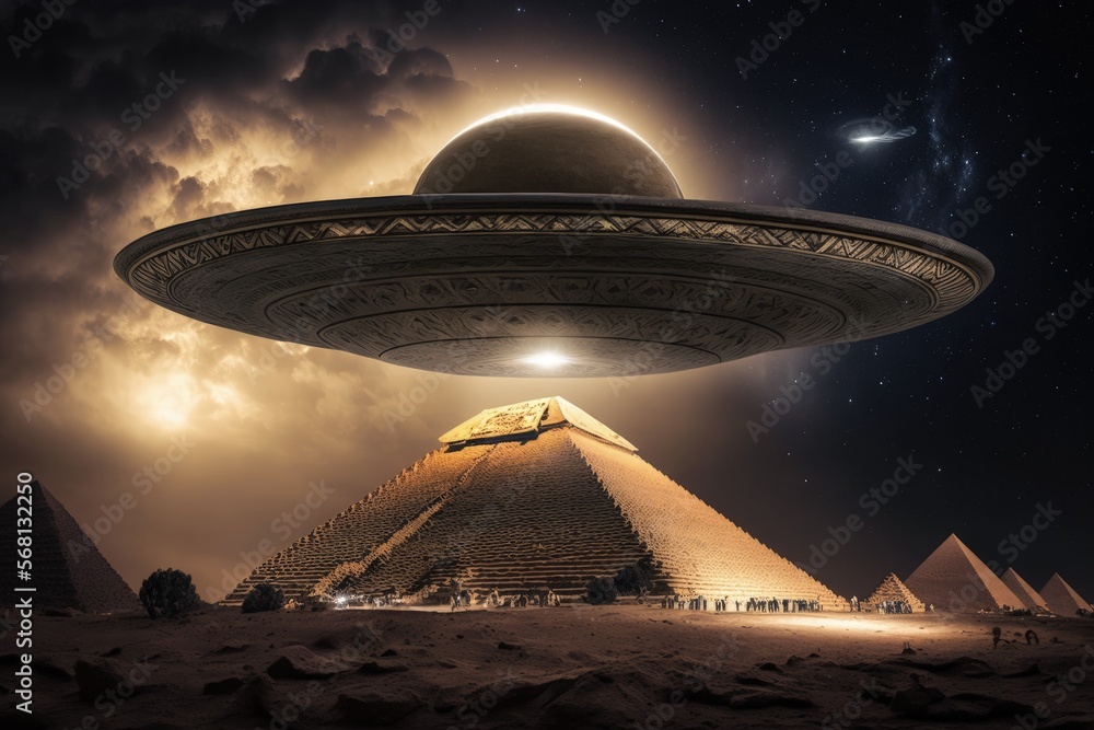 Flying saucer flying over pyramids of the, alien ship in the desert ...
