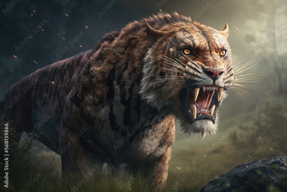 historic sable tooth tiger in nature, created with generative ai ...