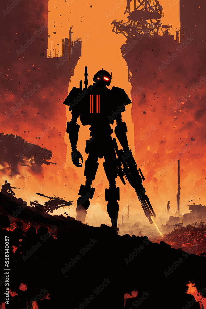 Sci fi scene, robot warrior, war, fire, futuristic, art illustration ...