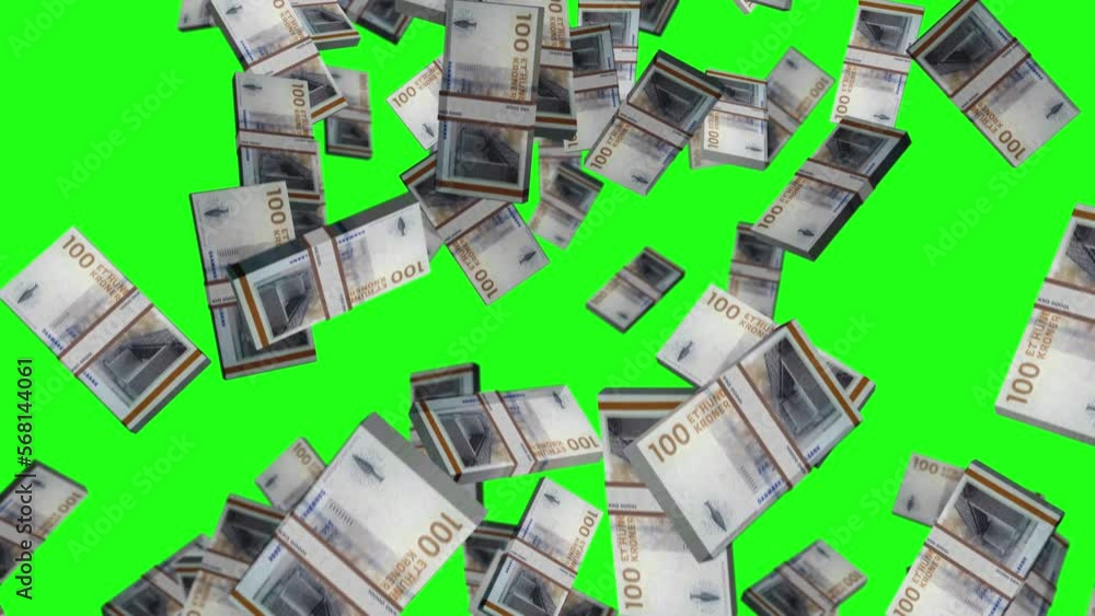 Danish Krone 100 DKK banknote packs falling loop. Denmark money note ...