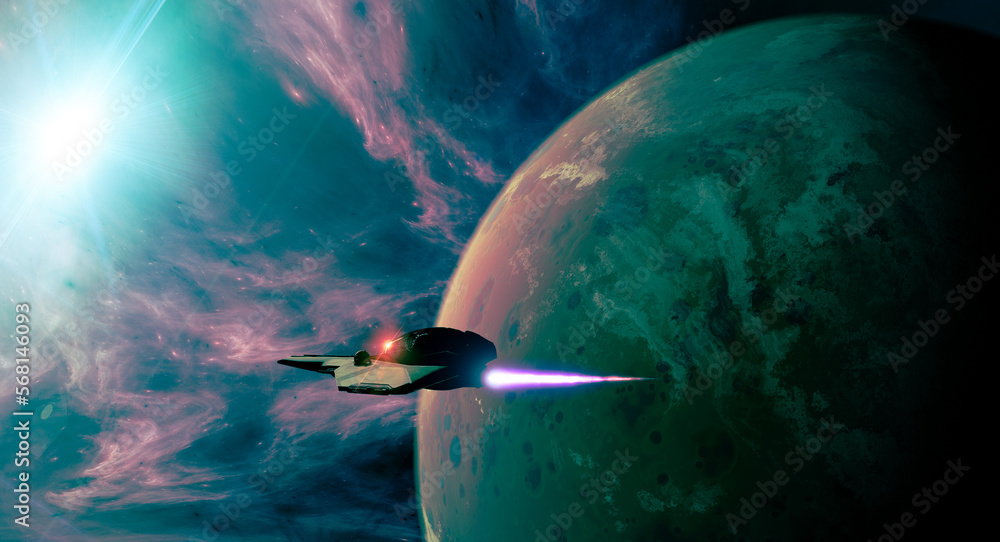 Spaceship orbiting around a planet in another galaxy. Exoplanets and ...