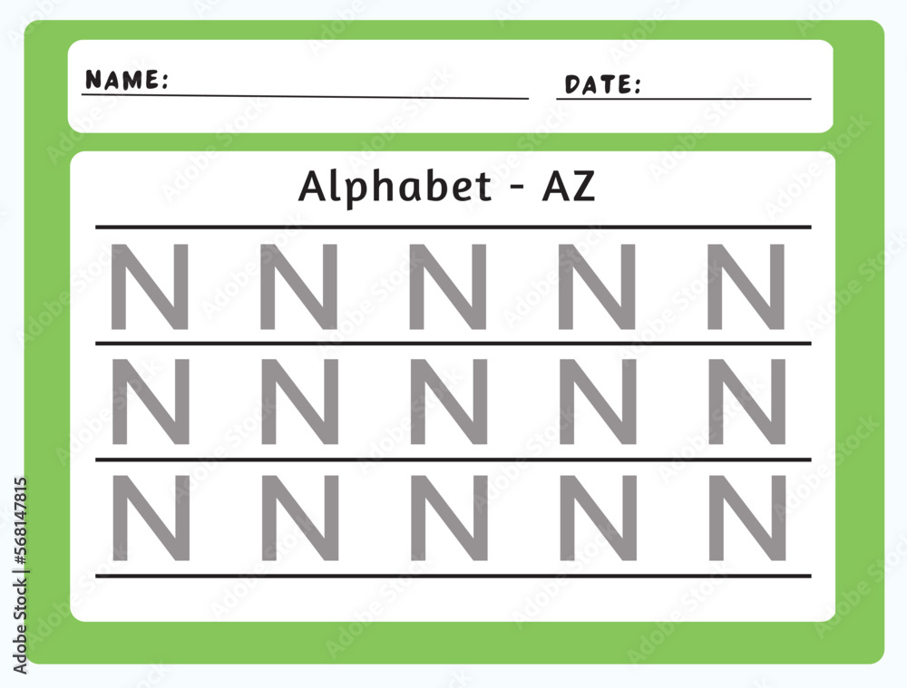 Alphabet tracing worksheet. A-Z writing pages. Letter N uppercase ...