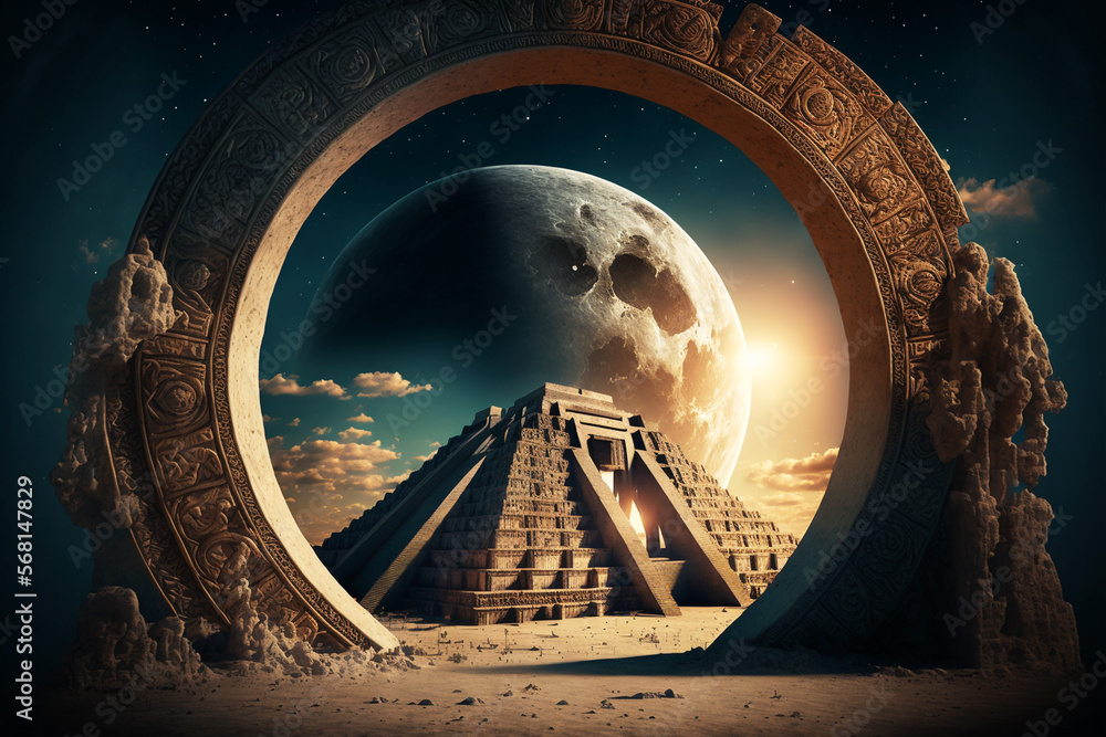 Stargate,Mayan Pyramids Time Travel Portal - Moon Universe AI art Stock ...