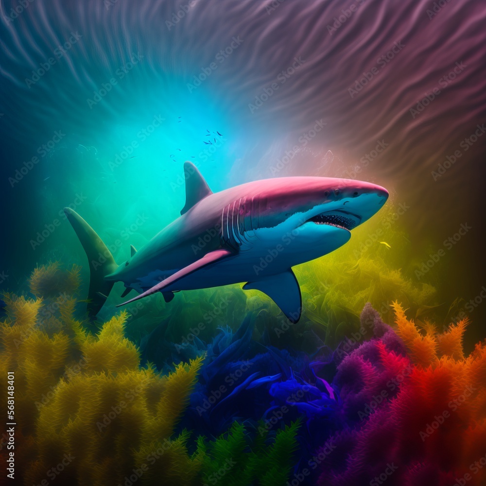Big Shark in Deep Blue Ocean- Abstract Artwork with beautiful Colorful ...