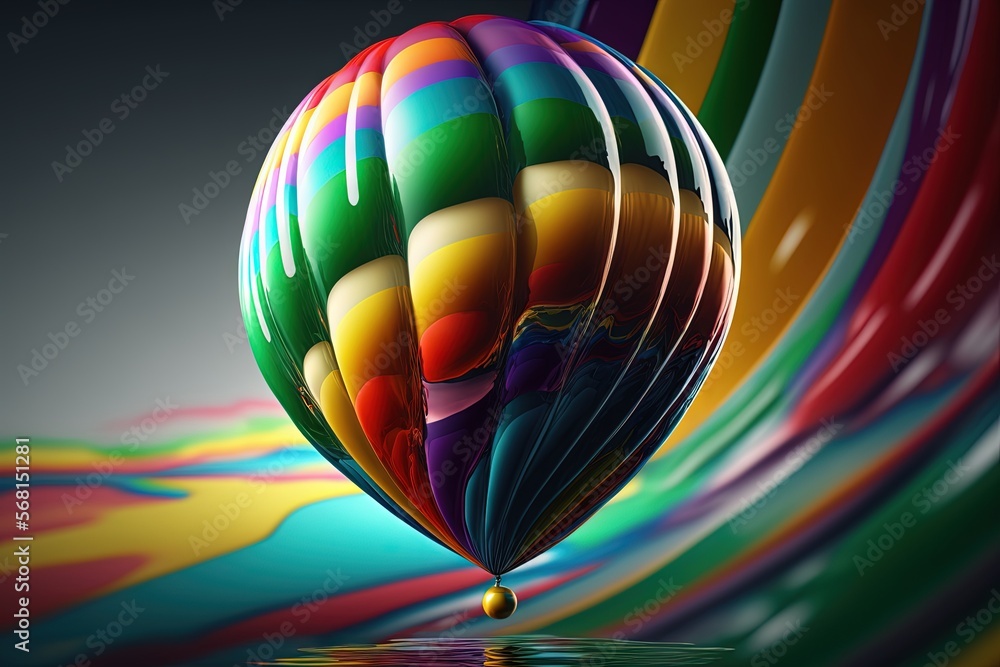 a multicolored hot air balloon floating over a body of water with a ...