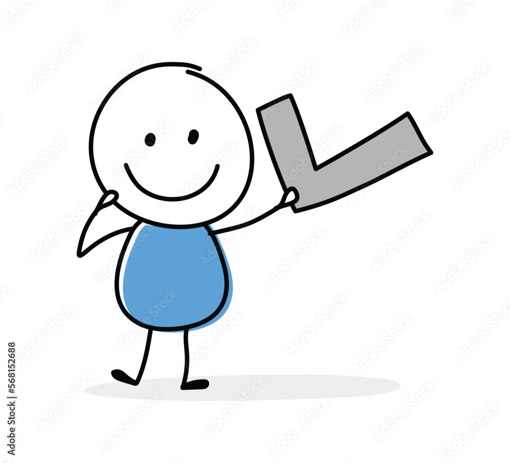 Hand drawn check mark symbol. Funny concept with a stickman holding ...