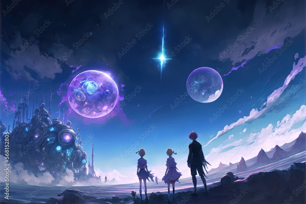 a fantasy sci fi universe illustration of an anime trio standing in ...
