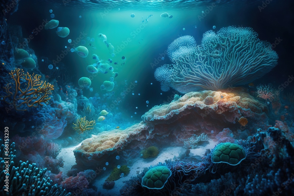 an underwater scene with corals and sponge corals and a light blue ...