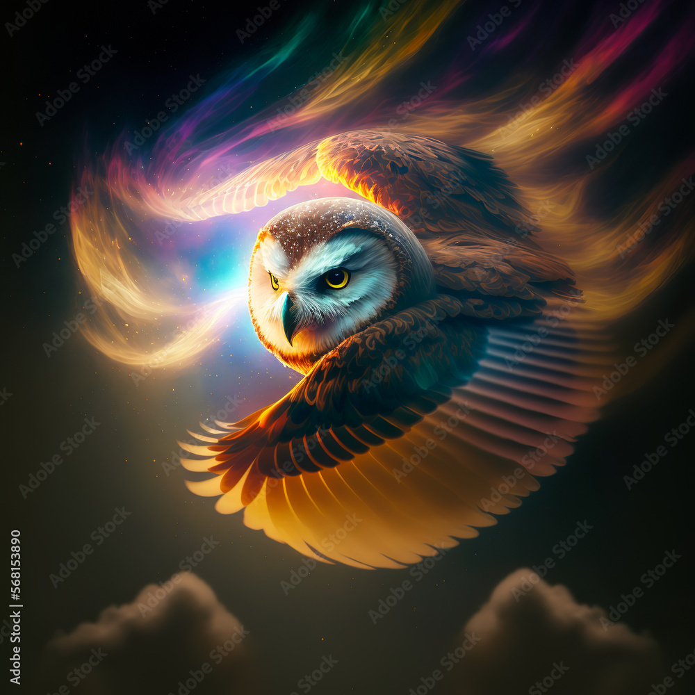 Beautiful Abstract Owl with Widespread Wings and bright shining colours ...
