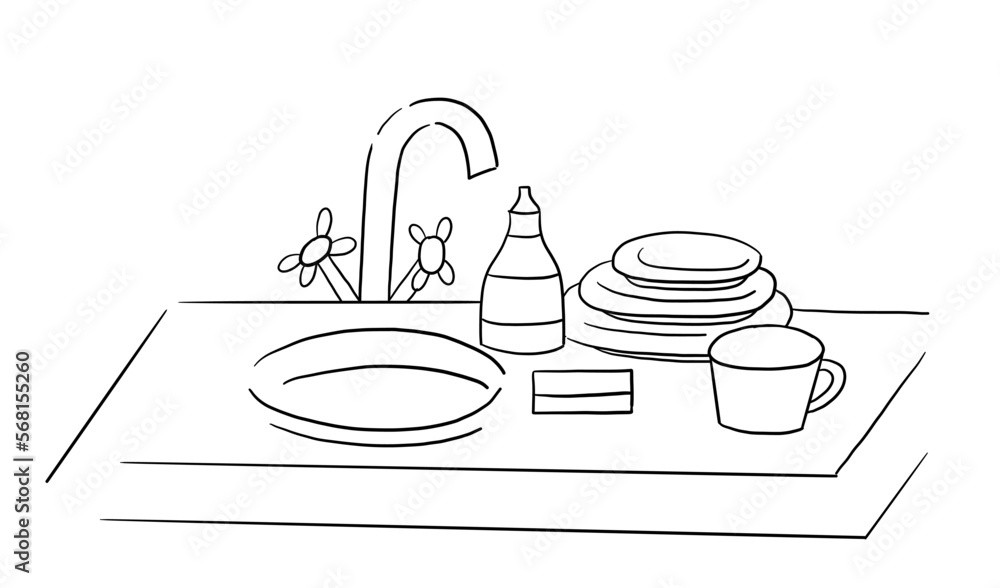 Hand drawn outline vector image with kitchen background illustration ...