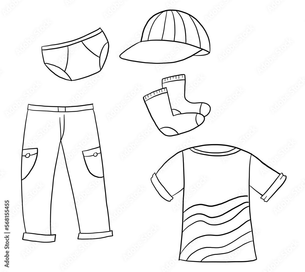 Hand drawn vector outline illustration with boys clothing. linear ...