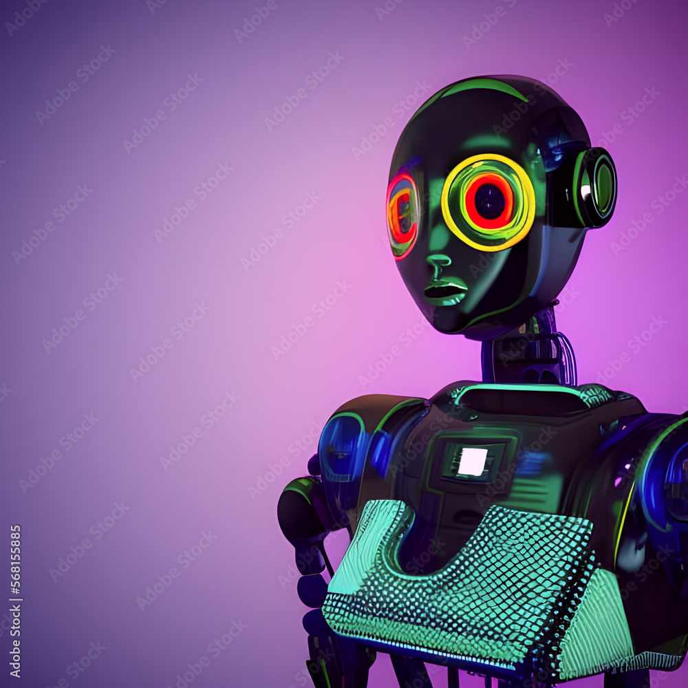 Cyborg or female robot with neon lights as eyes on purple background ...