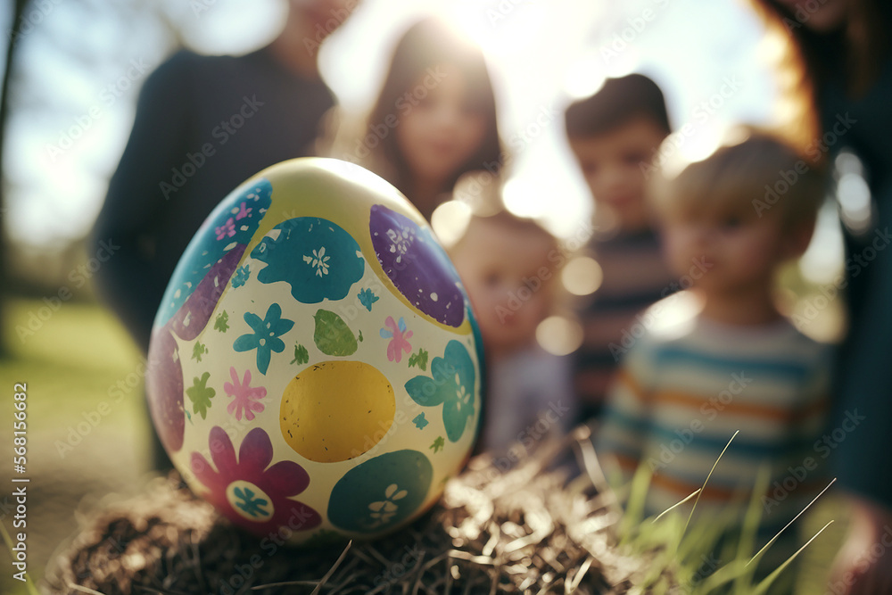 Chasse aux oeufs de Pâques en famille, extérieur, soleil, parents et ...