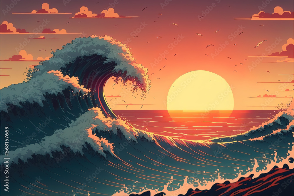 waves off kanagawa in a modern japanese style, manga anime art ...