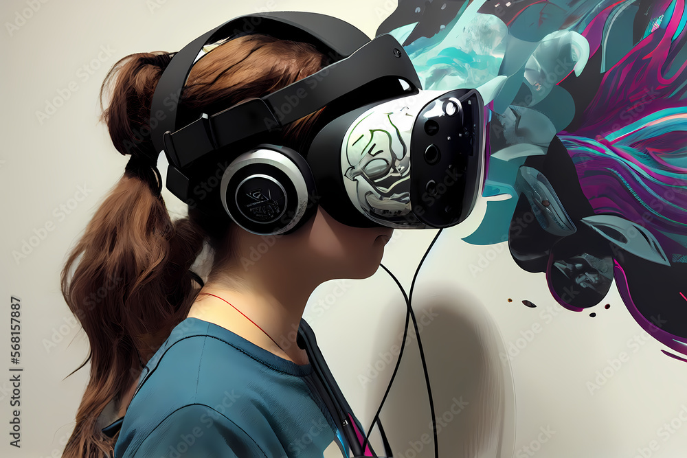 Metaverse Technology concepts. Girl play VR virtual reality goggle and experiences of metaverse ...