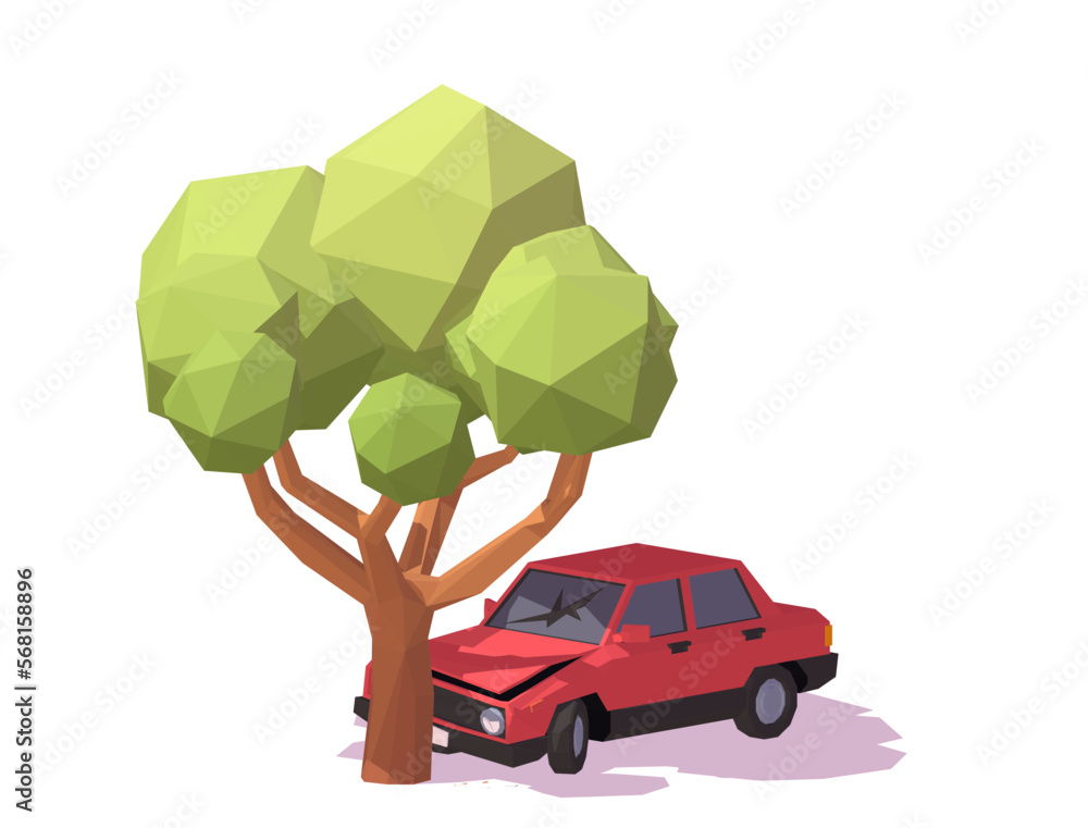 Red Car Crash With a Tree. Accident Concept. Low Poly Dimetric ...