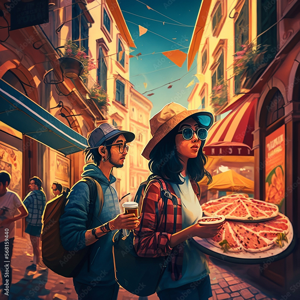 Tourist savors street food, smiling and holding a loaded food-truck ...