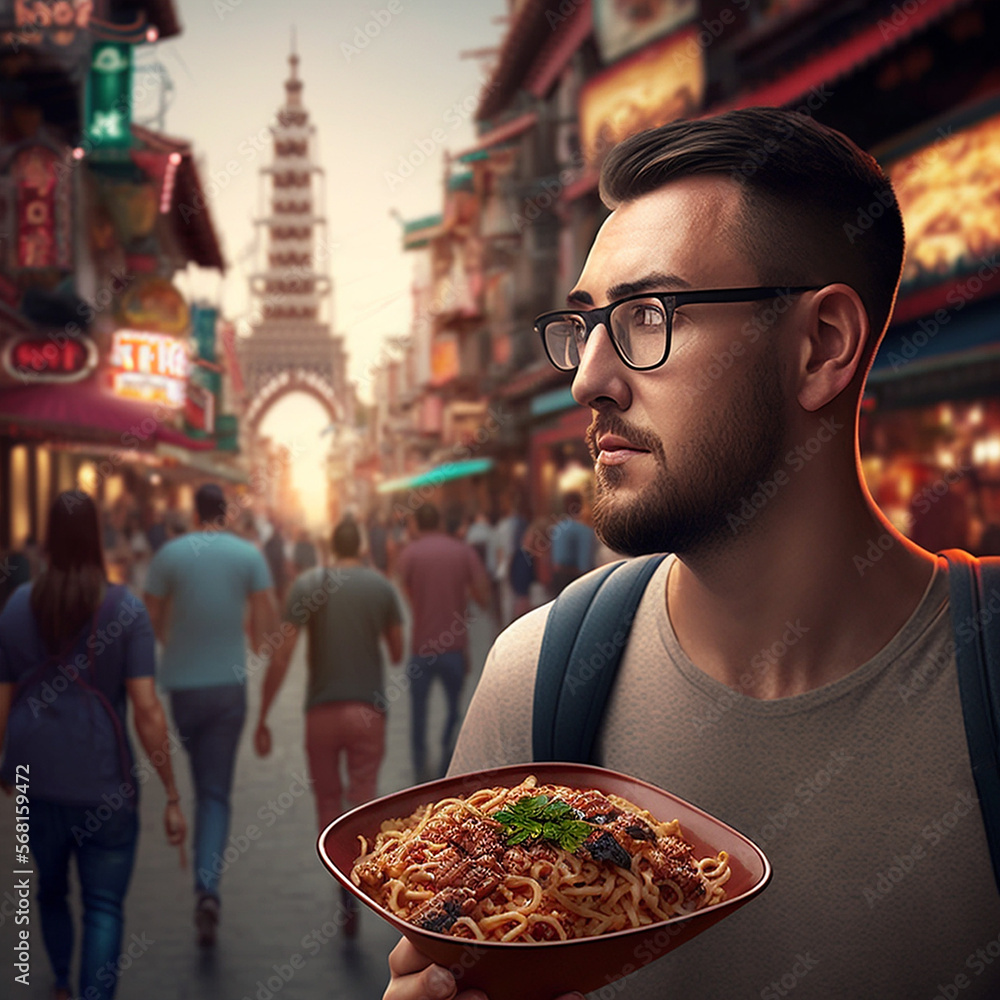 Tourist savors street food, smiling and holding a loaded food-truck ...