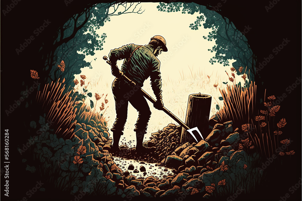 man digging grave. Death and funeral. Vector illustration. Stock ...