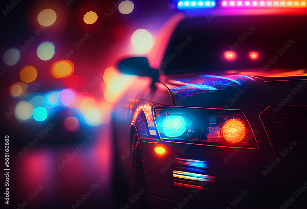 Police car in New York. Police car with red and blue emergency lights ...