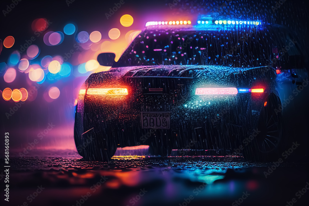 Police car in New York. Police car with red and blue emergency lights ...