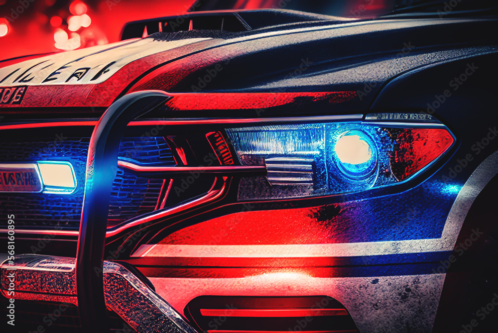 Police car in New York. Police car with red and blue emergency lights ...