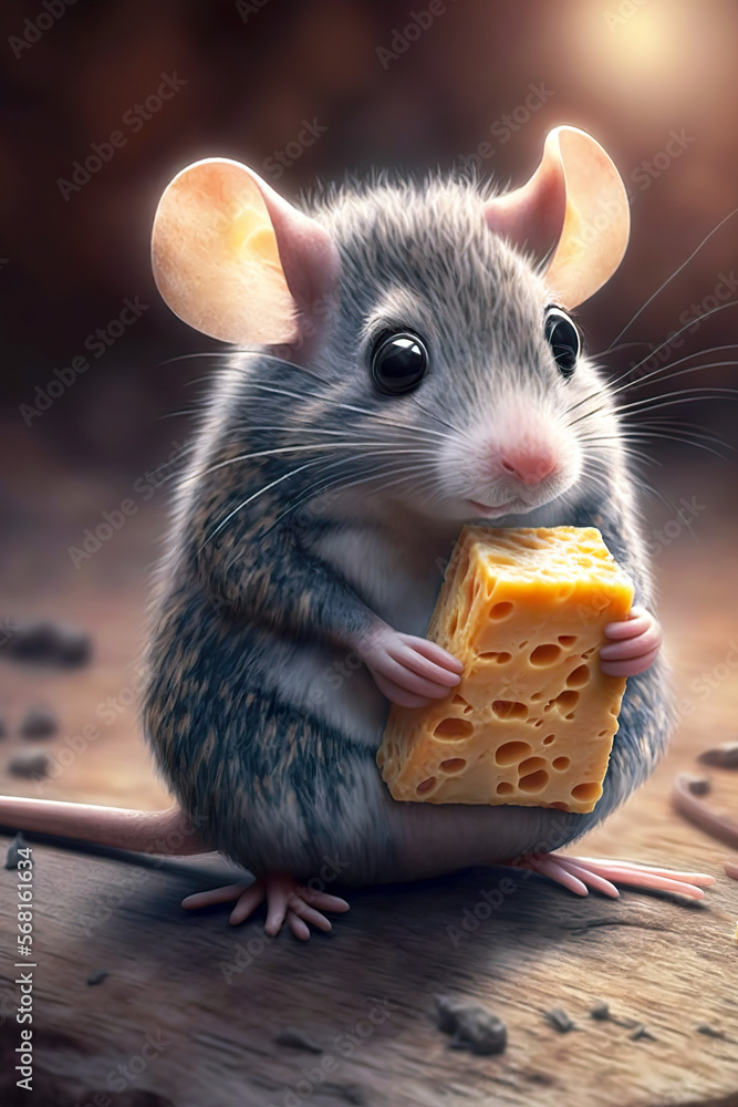 Mouse and cheese. Illustration of the mouse eating the cheese. AI ...