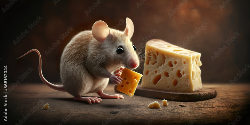 Mouse and cheese. Illustration of the mouse eating the cheese. AI ...