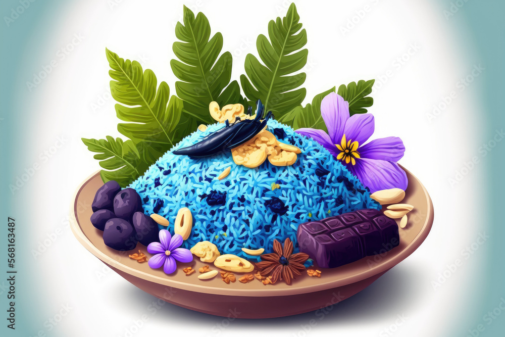 Nasi kerabu, popular Malay rice dish. Blue color of rice resulting from ...