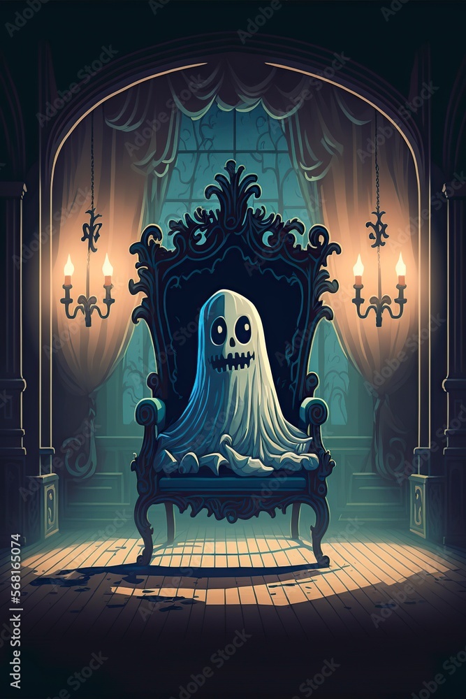 cartoon illustration, ghost in a castle at night, fantasy, generative ...