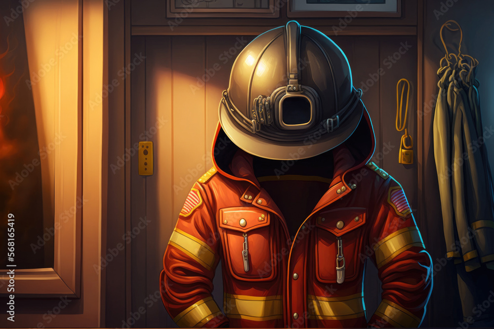 Firefighter protection helmet and jacket in the firehouse. Generative ...