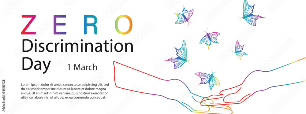 Zero Discrimination day background with rainbow butterflies and hands ...