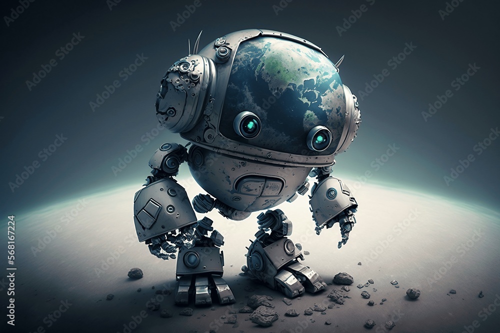Cute 3d robot with face of planet earth, illustration, 3d render ...