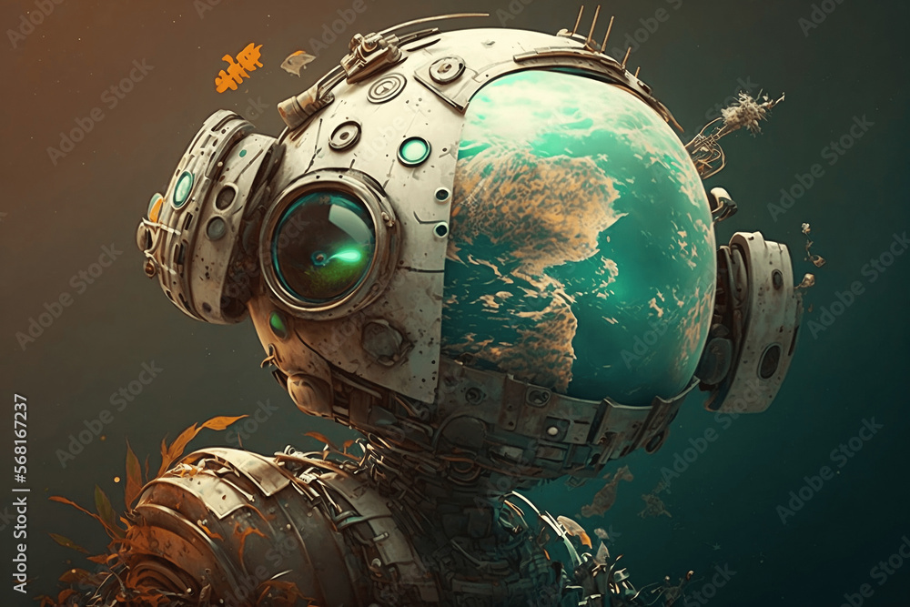 robot, cyborg, astronaut, face of planet earth, reflection ...