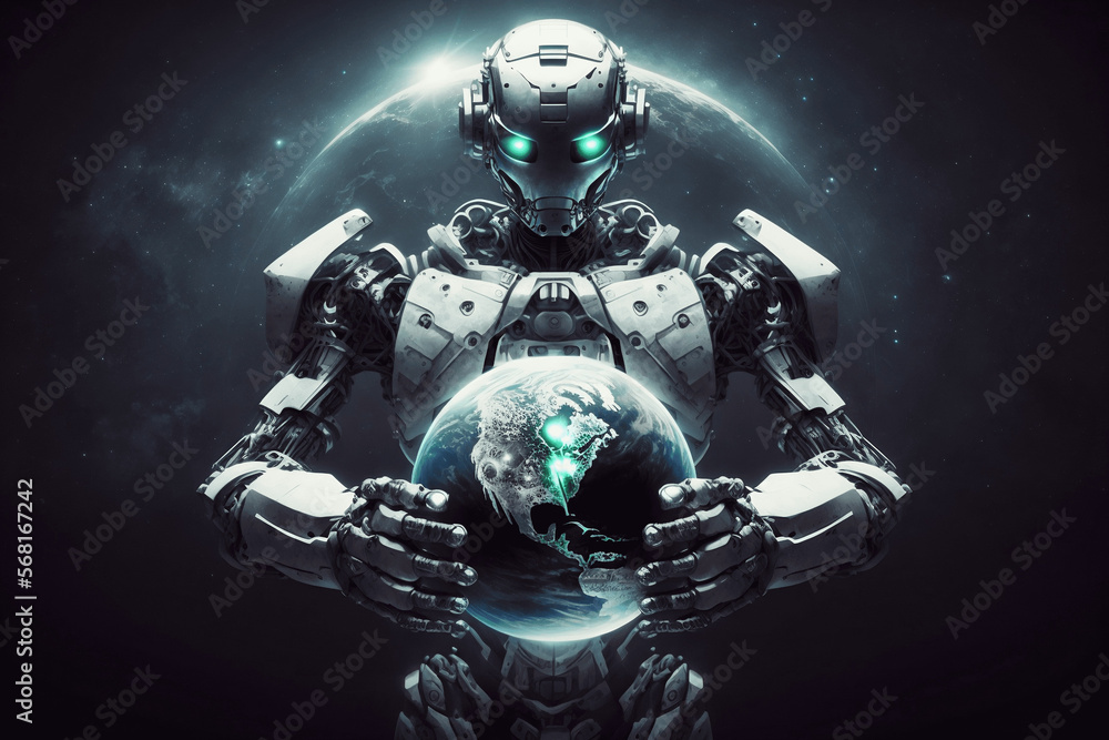 Robot, Cyborg, AI, holding the planet earth in space, Illustration ...