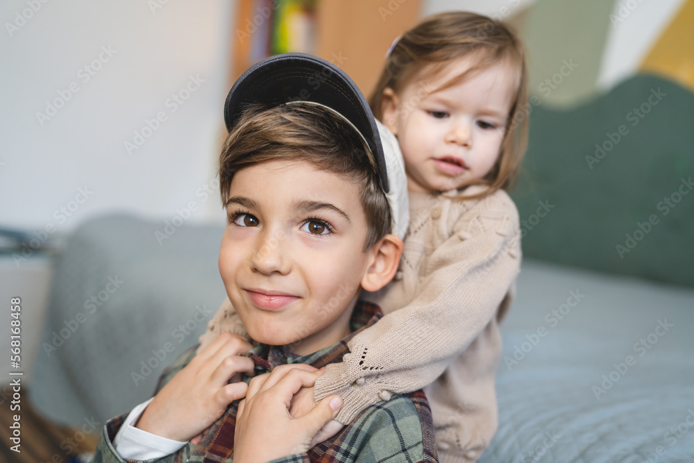 siblings portrait caucasian boy and girl brother and sister at home ...