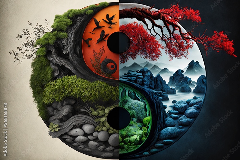 a painting of a tree, rocks, and a yin - yang symbol on a black ...
