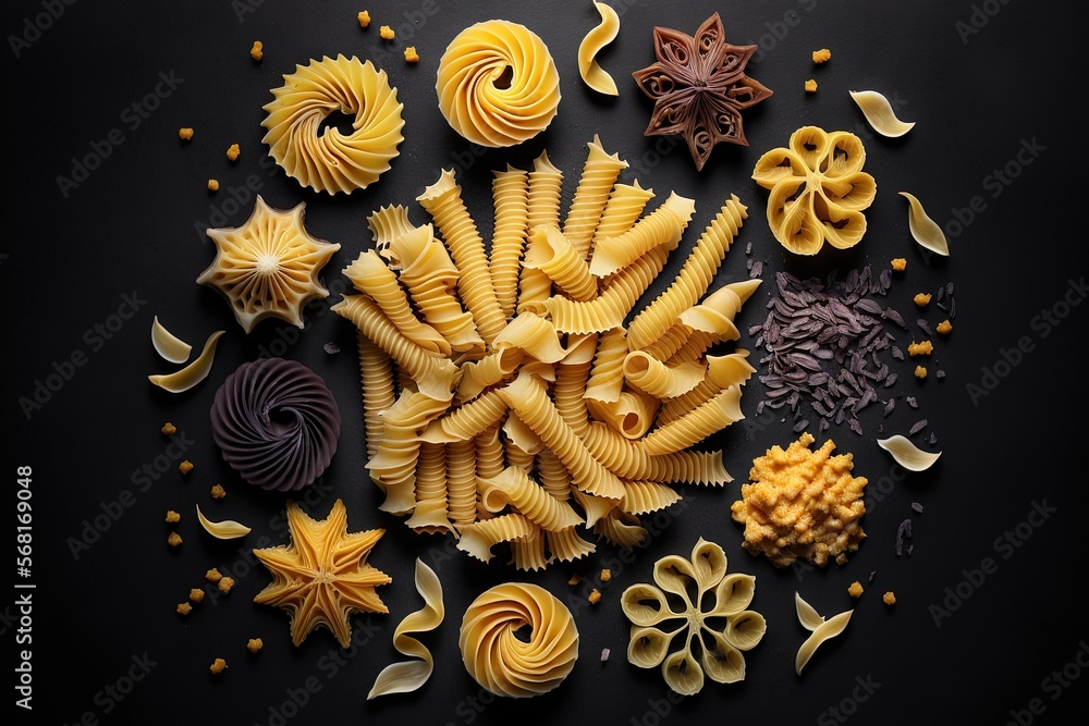 a bunch of different types of pasta on a black surface with different ...