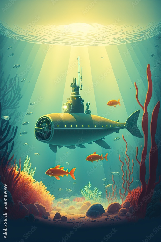 cartoon illustration, underwater submarine and aquatic plants, ai ...