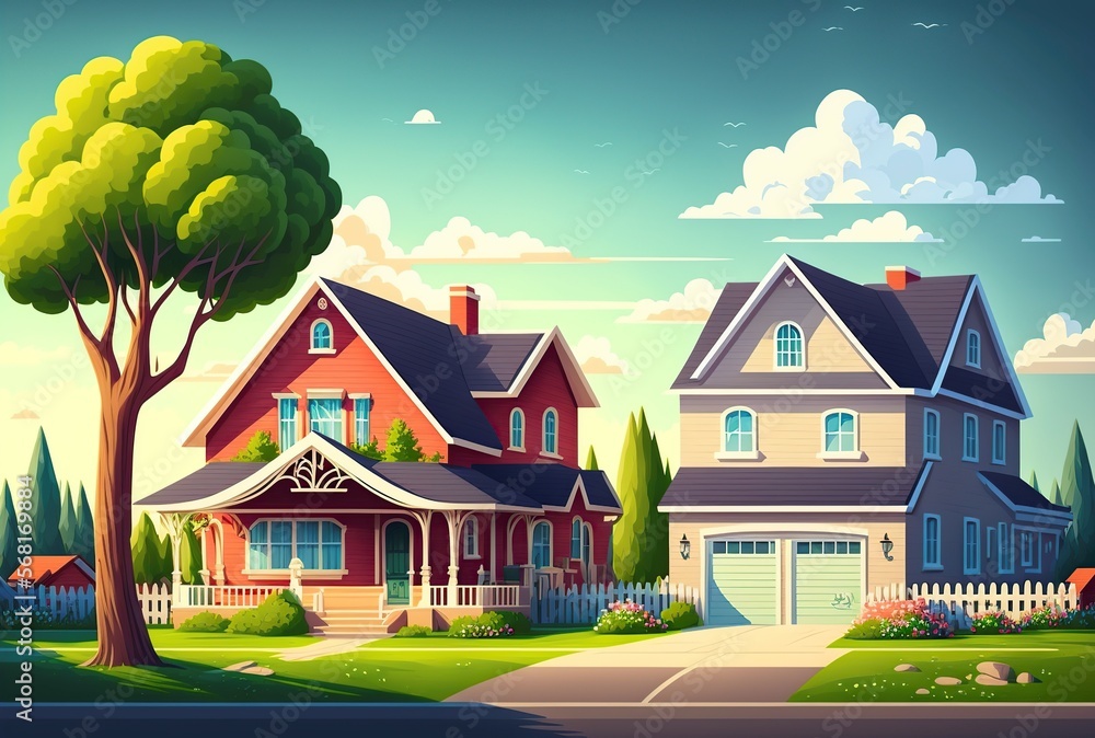 cartoon illustration, residential suburban houses, ai generative Stock ...