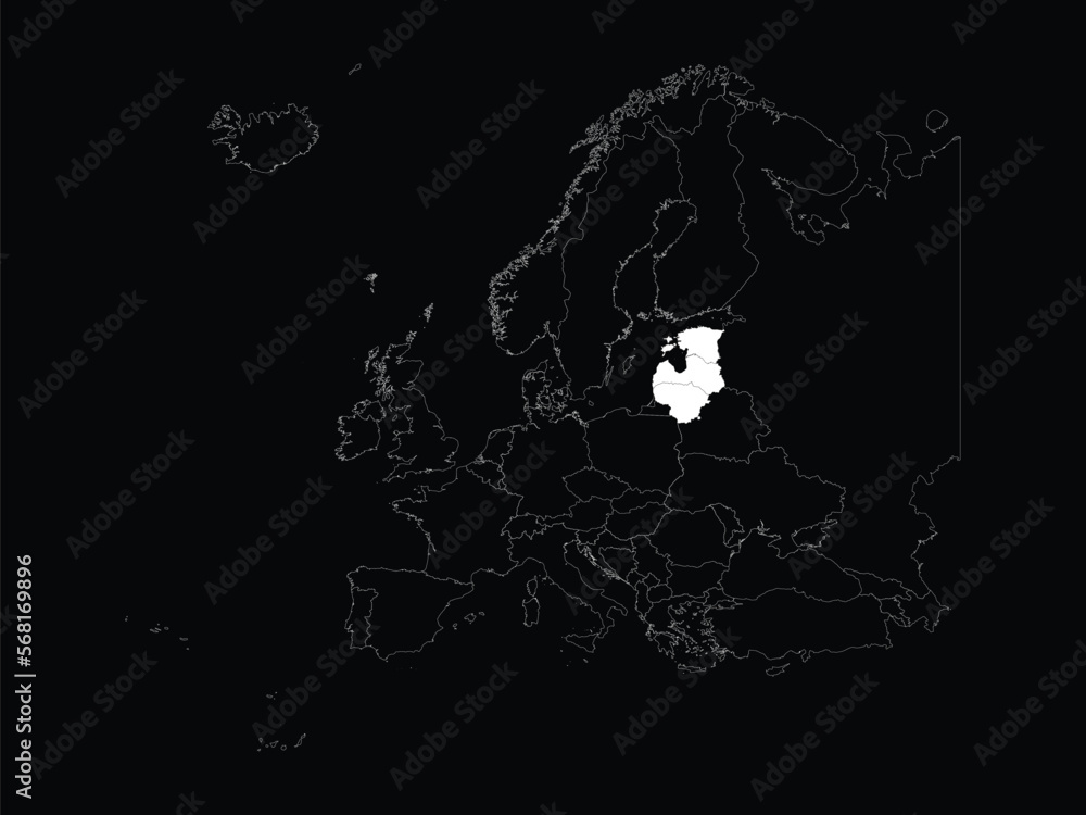 White map of Baltic countries within map of European continent on black ...