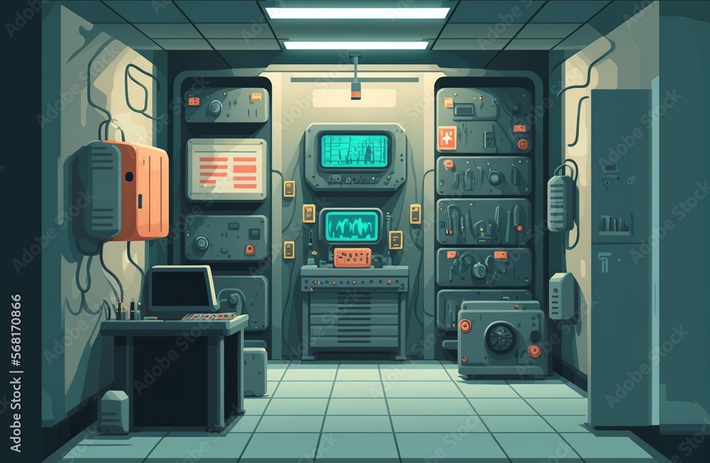 cartoon illustration, underground bunker with locker control panel, ai ...