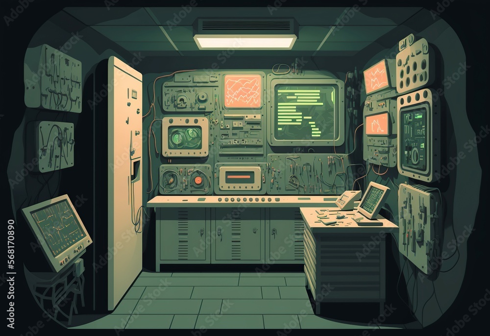 cartoon illustration, underground bunker with locker control panel, ai ...