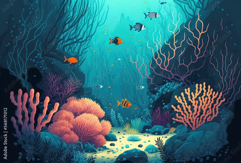 cartoon illustration, underwater scene of the seabed with corals and ...