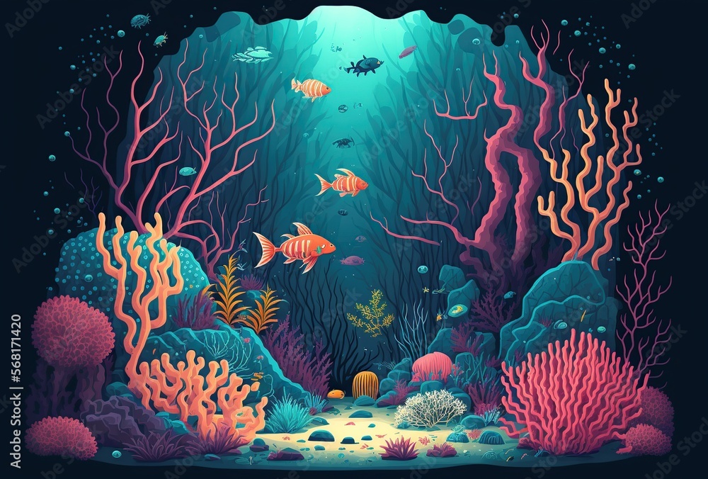 cartoon illustration, underwater scene of the seabed with corals and ...